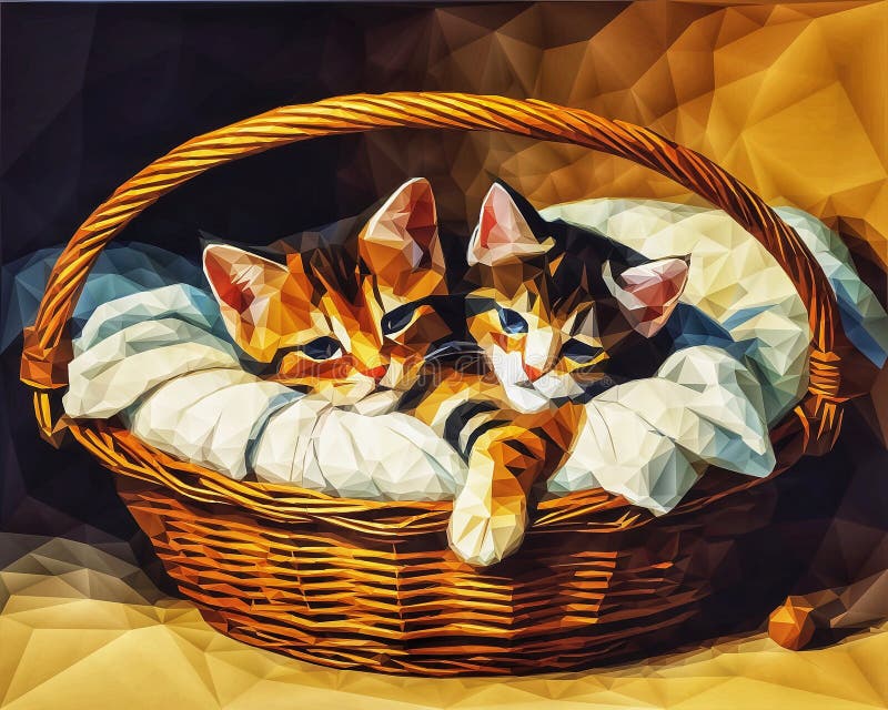 A Painting of Two Kittens in a Basket, Illustration of Two Cats. Stock ...