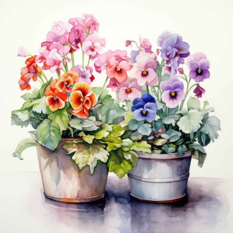 A Painting of Two Pots of Flowers on a Table Stock Image - Image of ...