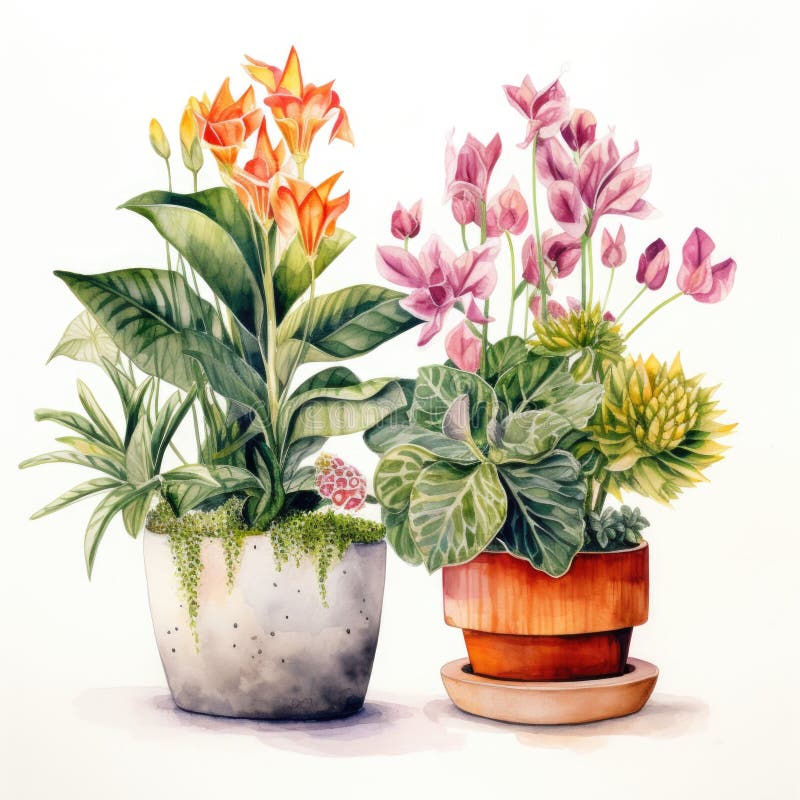 A Painting of Two Potted Plants on a Table Stock Illustration ...