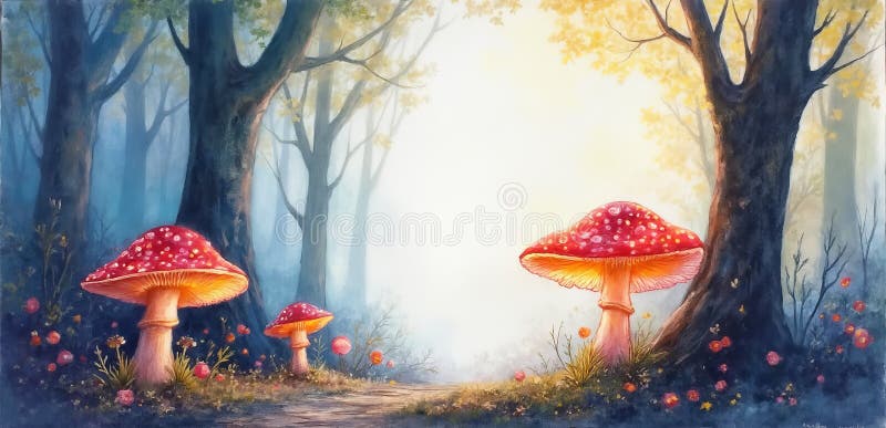 A Painting of Two Red Toadstools in a Forest Stock Illustration ...