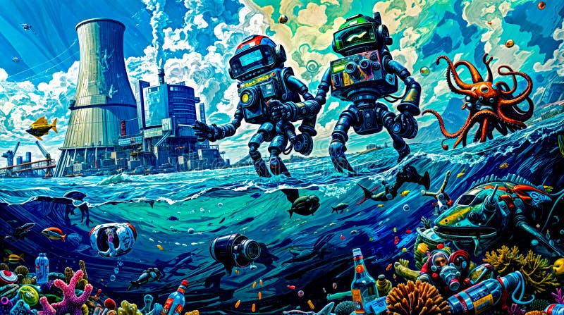 Painting of Two Robots Diving in the Ocean with City in the Background ...