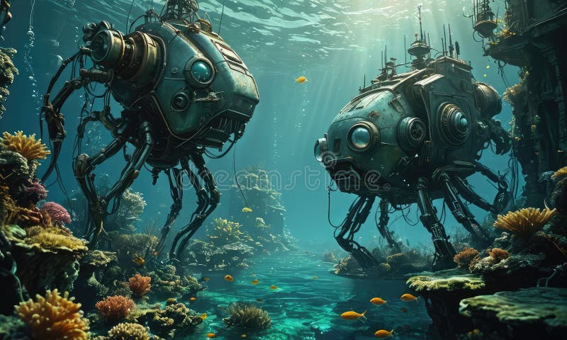 A Painting of Two Robots in the Ocean with a Coral Reef in the ...