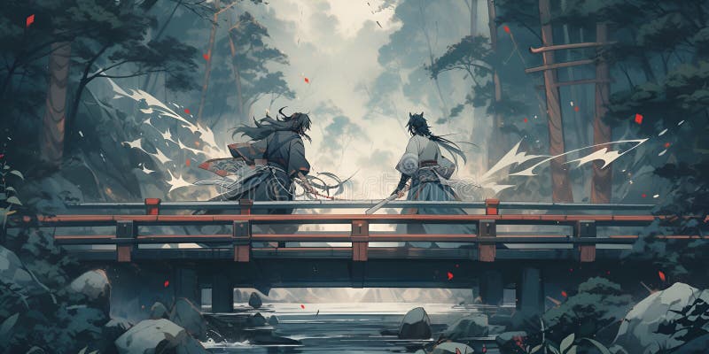 Painting of Two Samurai Fighting on a Bridge, Ai Generative Stock ...