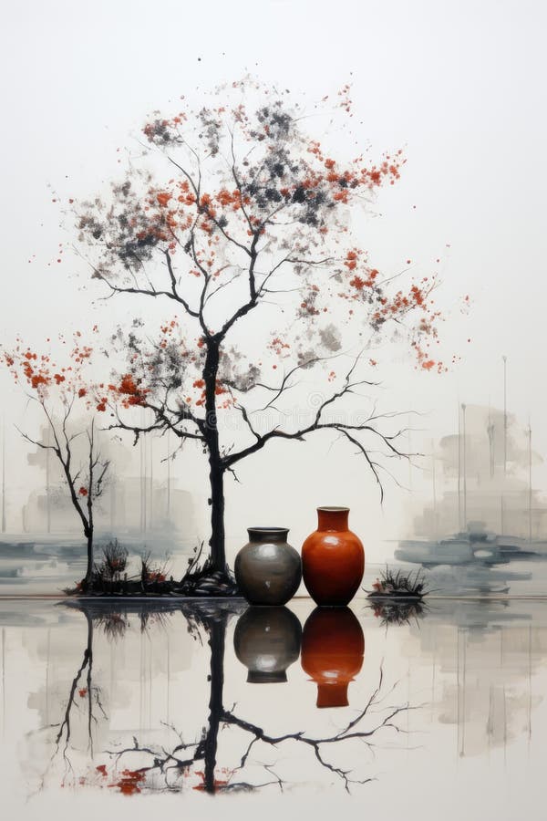 A Painting of Two Vases and a Tree. Generative AI Image. Stock ...