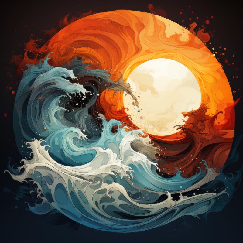 A Painting of Two Waves in Front of a Full Moon Stock Illustration - Illustration of fantasy ...