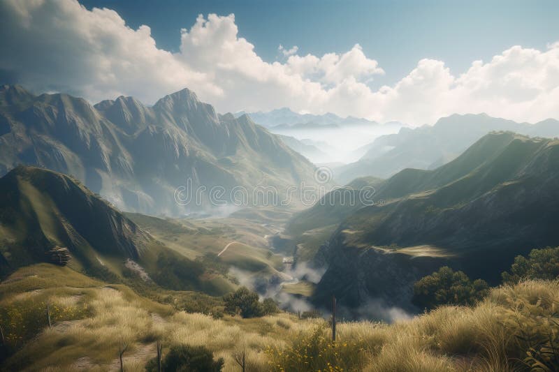 A Painting of a Valley with Mountains in the Background and a River ...