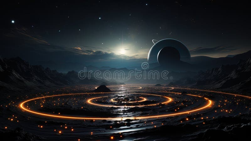 Painting of a View at Dawn of Large Luminous Circles in a World with a ...