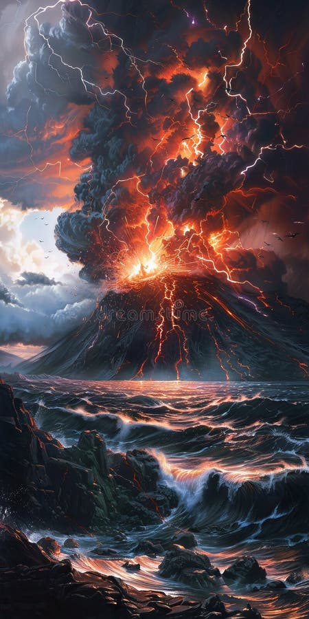 A Painting of a Volcano with Lightning Over the Ocean Stock ...