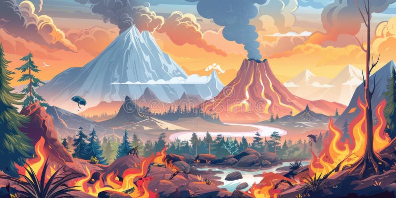 Painting of Volcano and Mountains with Fire in Background Stock Image ...