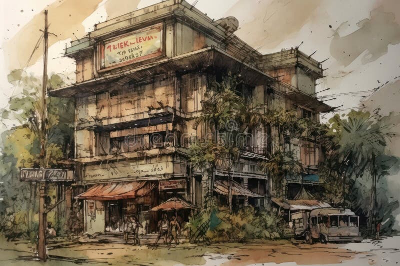 Painting of a Watercolor Drawing of the Amazon Theater. Stock ...