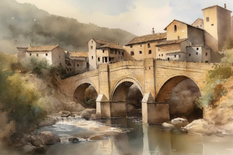 Painting of a Watercolor Drawing of a Medieval Bridge. Stock ...