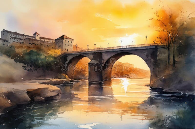 Painting of a Watercolor Drawing of a Medieval Bridge at Sunset. Stock ...