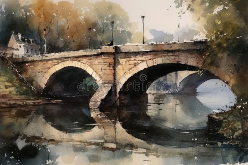 Painting of a Watercolor Drawing of a Medieval Bridge at Sunset. Stock ...