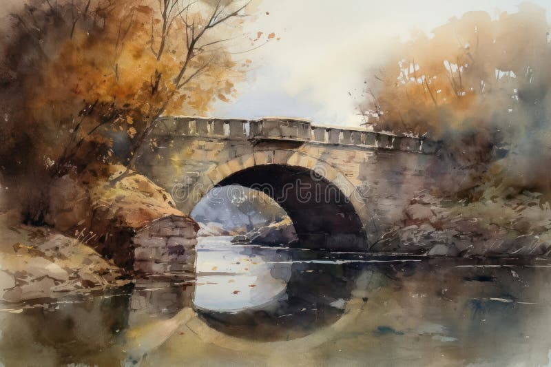 Painting of a Watercolor Drawing of a Medieval Bridge at Sunset. Stock ...