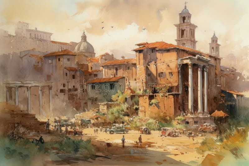 Painting of a Watercolor Drawing of the Roman Forum. Stock Illustration ...