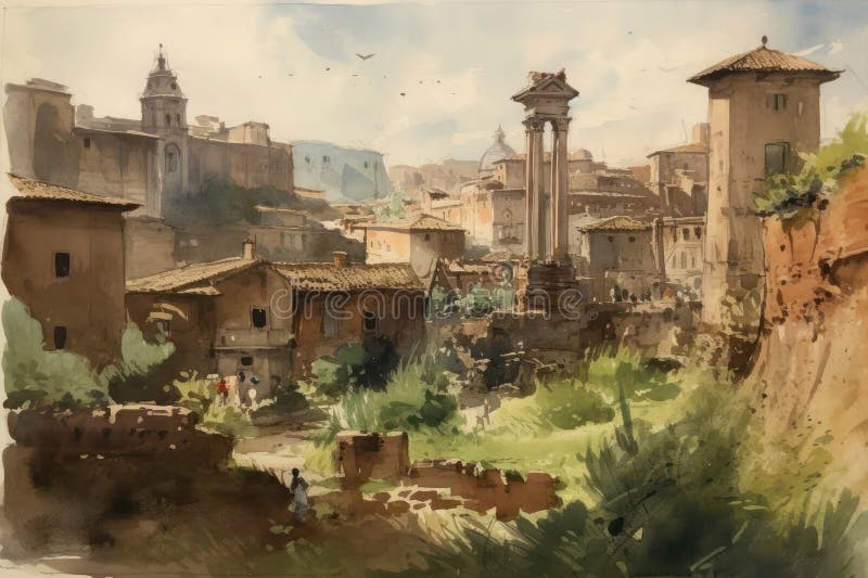 Painting of a Watercolor Drawing of the Roman Forum. Stock Illustration ...