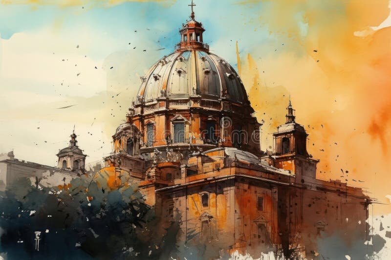 Painting from a Watercolor Drawing of St. Peter S Basilica. Stock ...