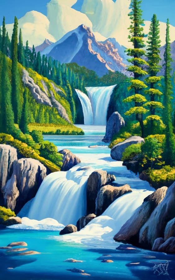 Waterfall Cascading into a Crystal-clear Mountain Lake., Painting Stock ...
