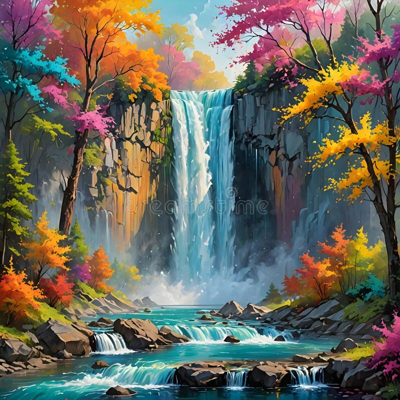 Painting Waterfall Forest Filled Colorful Trees Stock Photos - Free ...