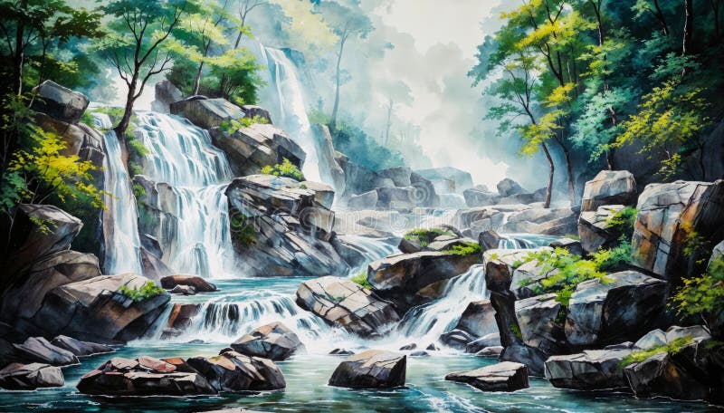A Painting of a Waterfall with Rocks and Trees in the Background Stock ...