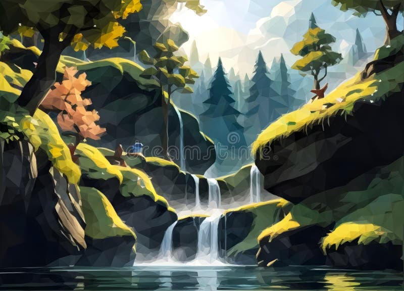 A Painting of a Waterfall with the Sun Shining on it. Stock ...