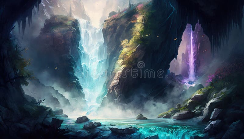 A Painting of a Waterfall Surrounded by Rocks and Trees in a Forest ...
