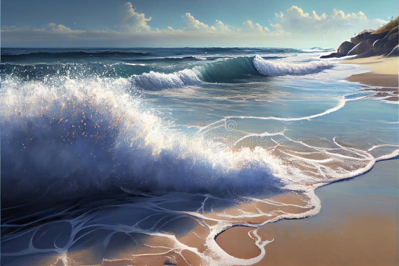 A Painting of a Wave Crashing on the Beach with a Blue Sky and Clouds Above it and a Beach with ...
