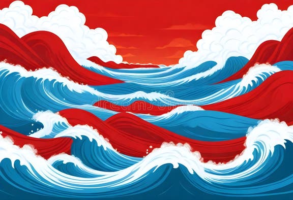 A Painting of a Wave that is Red and Blue with a White Clouds on the ...