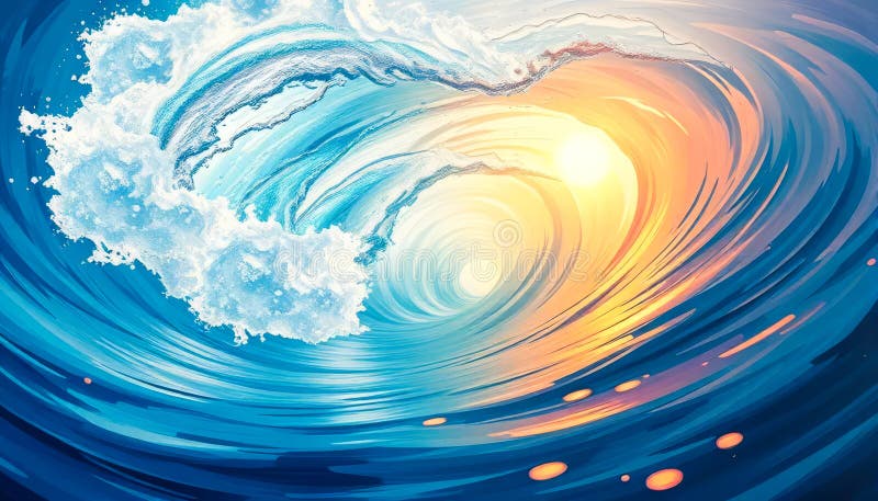 Painting of a Wave with a Sun in the Middle Stock Image - Image of wave ...