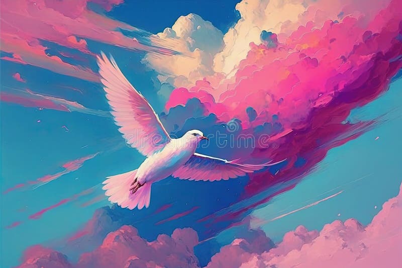 A Painting of a White Bird Flying in the Sky with Pink Clouds Stock ...