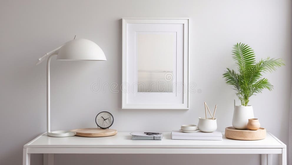 Painting in a White Frame Above a Table with Various Decorative ...