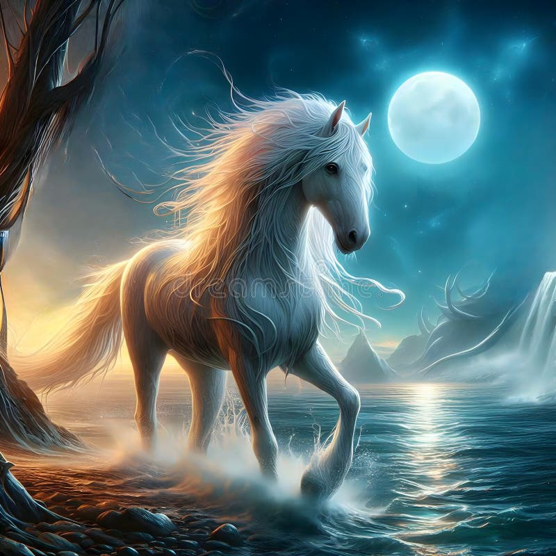 Painting of a White Horse Running in the Water at Night. Stock ...