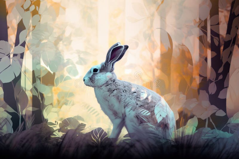 A Painting of a White Rabbit in a Forest with Trees in the Background ...