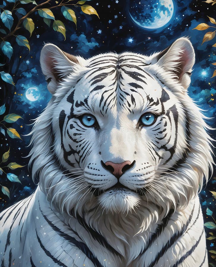 Painting of a White Tiger with Blue Eyes and a Full Moon. Stock ...