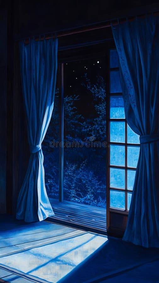 A Painting of a Window with Blue Curtains and a View of the Night Sky ...
