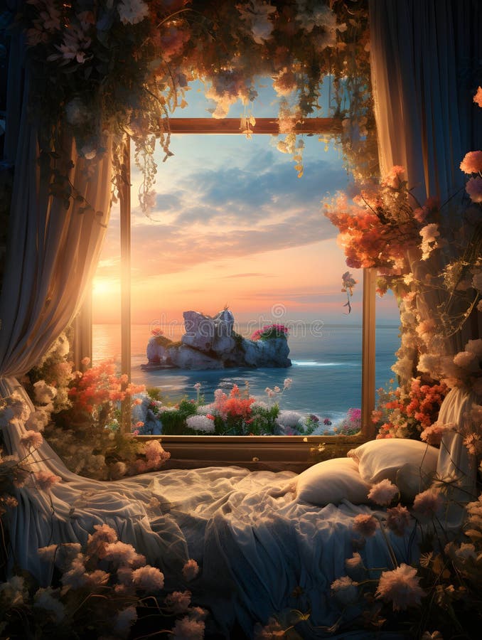 A Painting of a Window with a View of the Ocean.Window View from Open ...