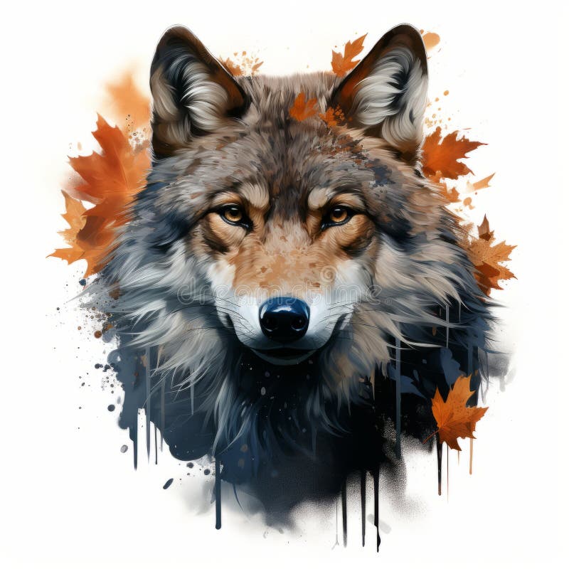 A Painting of a Wolf with Autumn Leaves Stock Illustration ...