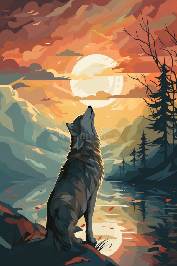 A Painting of a Wolf Looking at the Sunset Stock Illustration ...