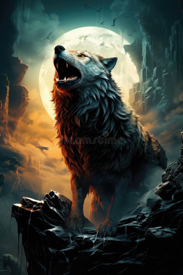 Wolf Howling at the Moon with Tribal Paw Print Design for Posters ...