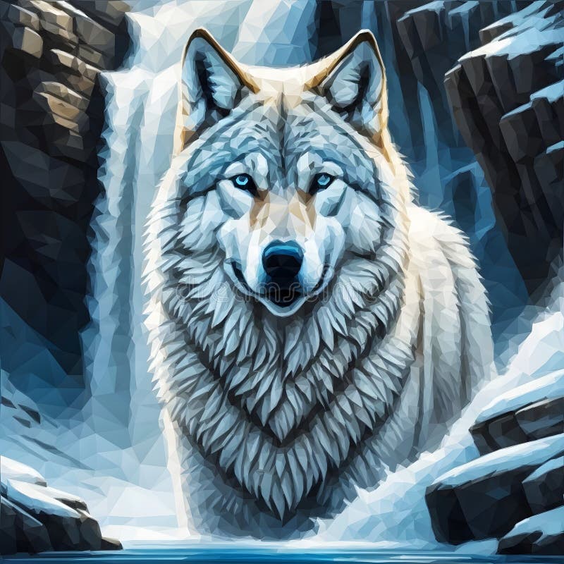 A Painting of a Wolf Standing in Front of a Waterfall. Beautiful ...