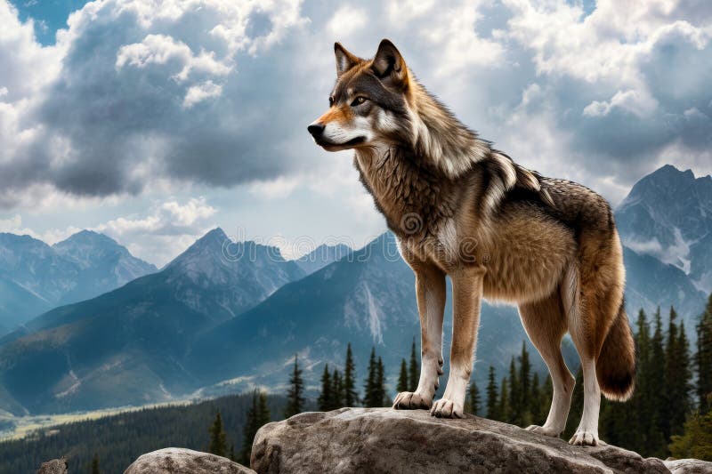 Painting of Wolf Standing on Top of Mountain with Mountains in the ...