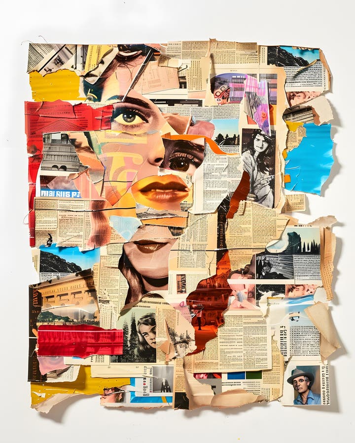 A Painting of a Woman S Face Made Out of Newspapers Stock Image - Image ...