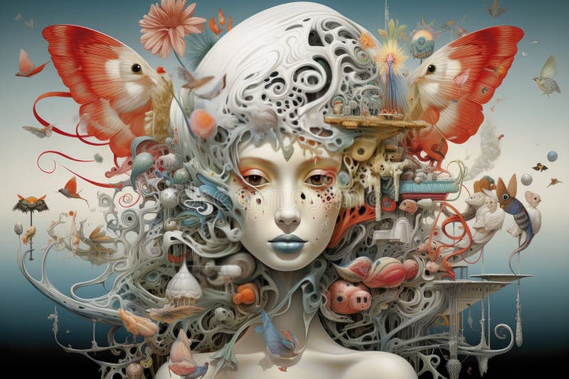 A Painting of a Woman S Head with Many Different Things on it ...