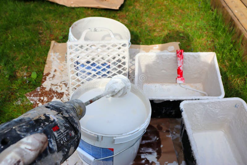 Painting Work, Tools and Paint Mixing Stock Photo - Image of apartment ...