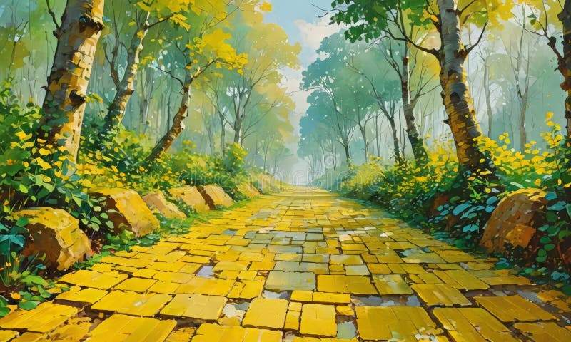 Painting Yellow Path through Forest Stock Illustration - Illustration ...