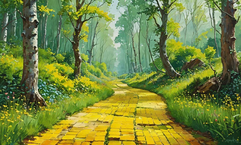 Painting Yellow Path through Forest Stock Illustration - Illustration ...