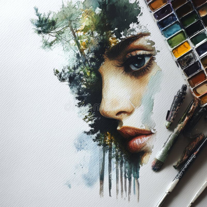 Paintography Collage with Female Face and Art Tools. Grunge Effect ...