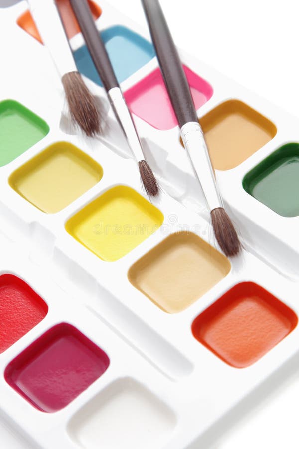 Close Up Brush is Mixing Colors of Paints on Palette. Watercolor Paints ...