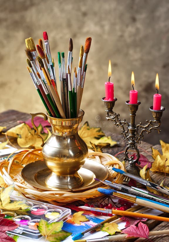 Paints and brushes stock image. Image of brush, green - 62726329