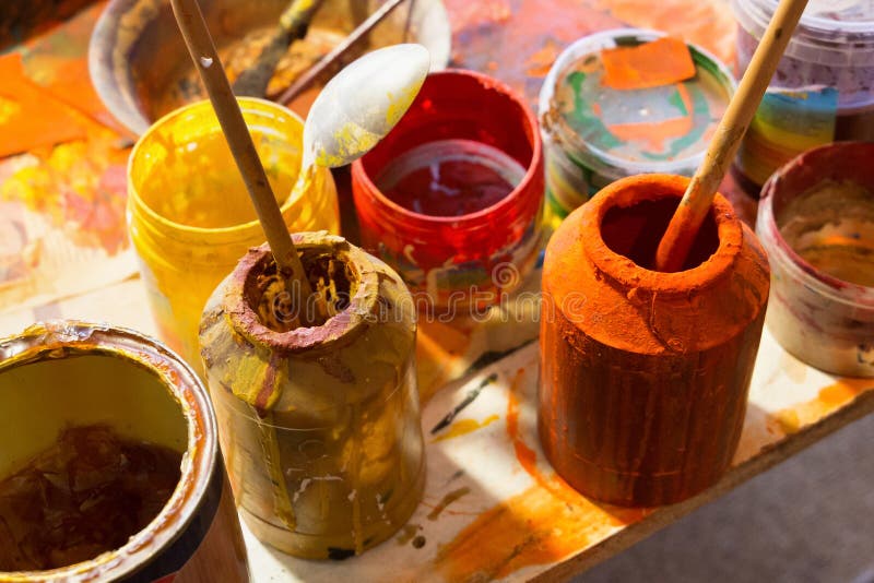 Paints and Brushes in the Workplace. Stock Image - Image of ...